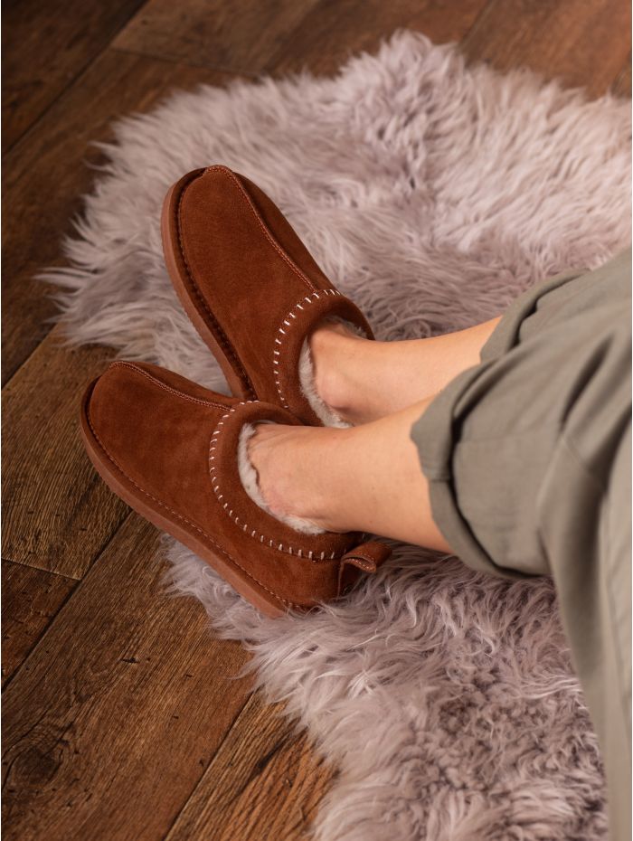 Sheepskin Embroidered Clog Slippers in Tan | Lakeland Leather