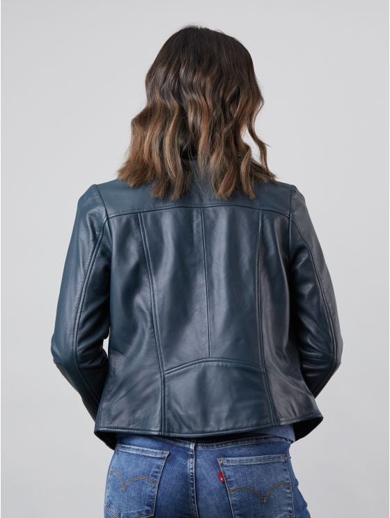 Collette Open Collar Leather Biker Jacket in Navy | Lakeland Leather