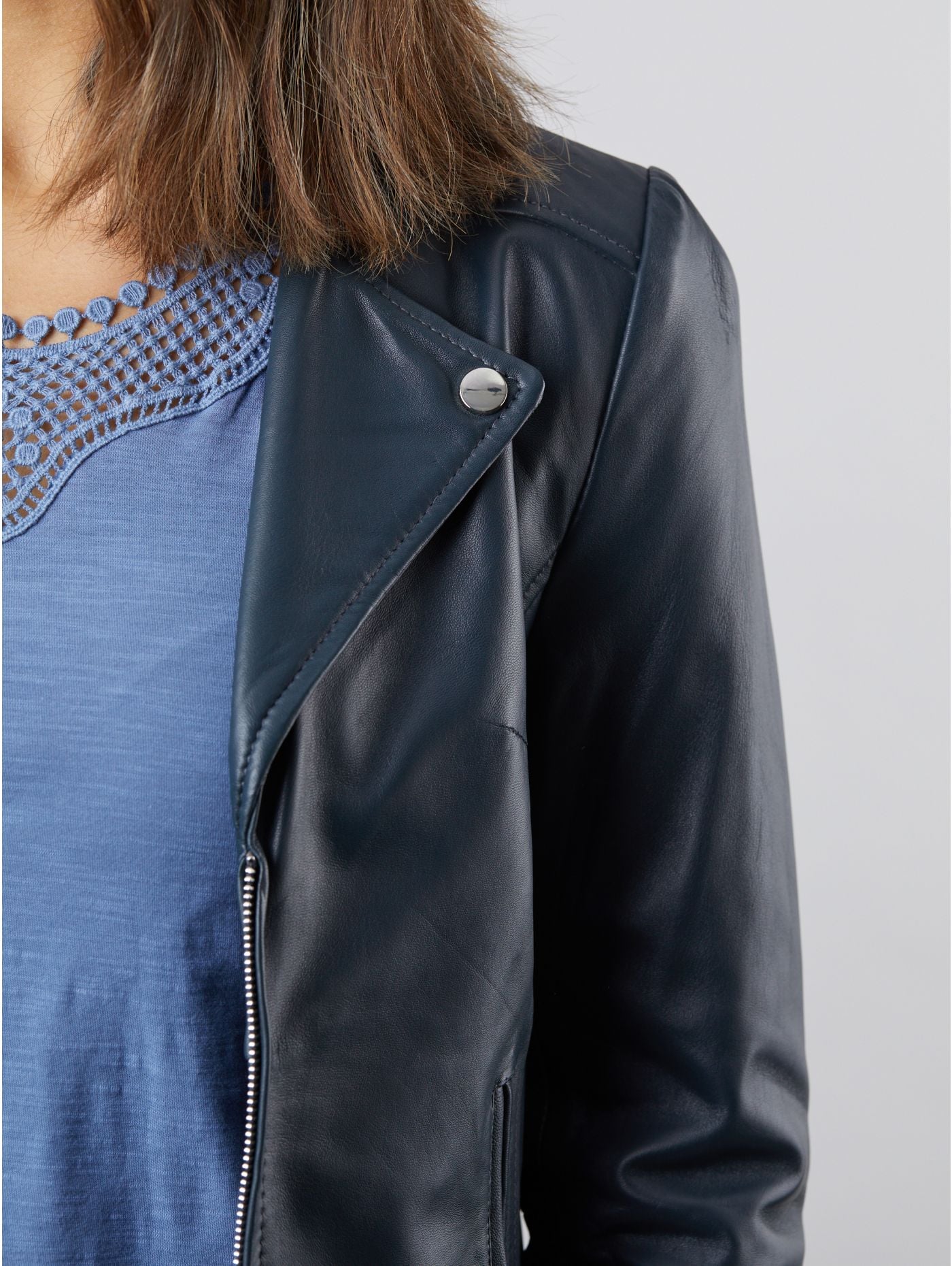 Collette Open Collar Leather Biker Jacket in Navy | Lakeland Leather