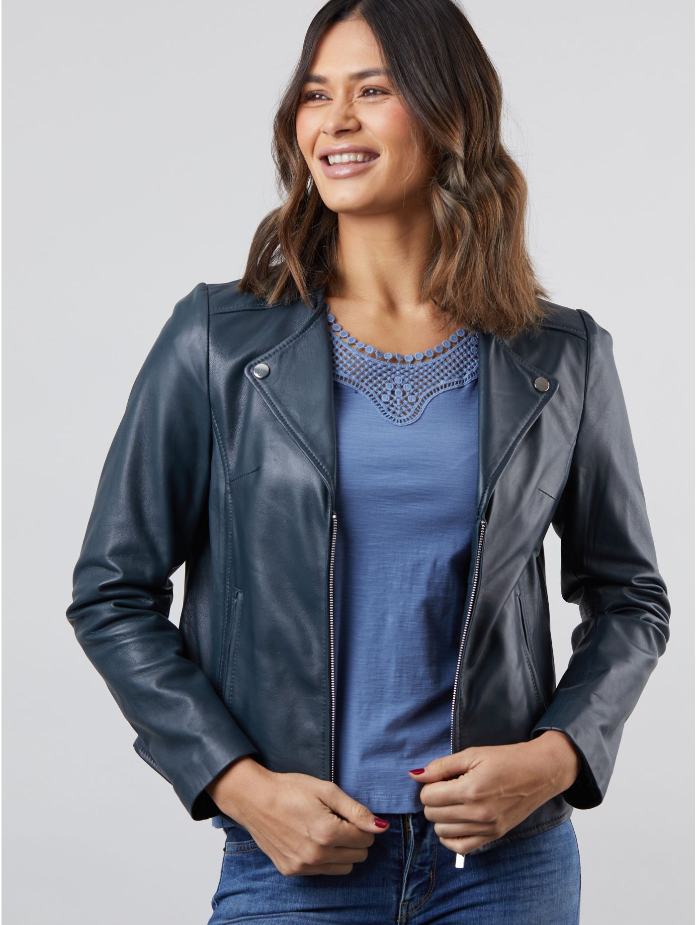 Collette Open Collar Leather Biker Jacket in Navy | Lakeland Leather