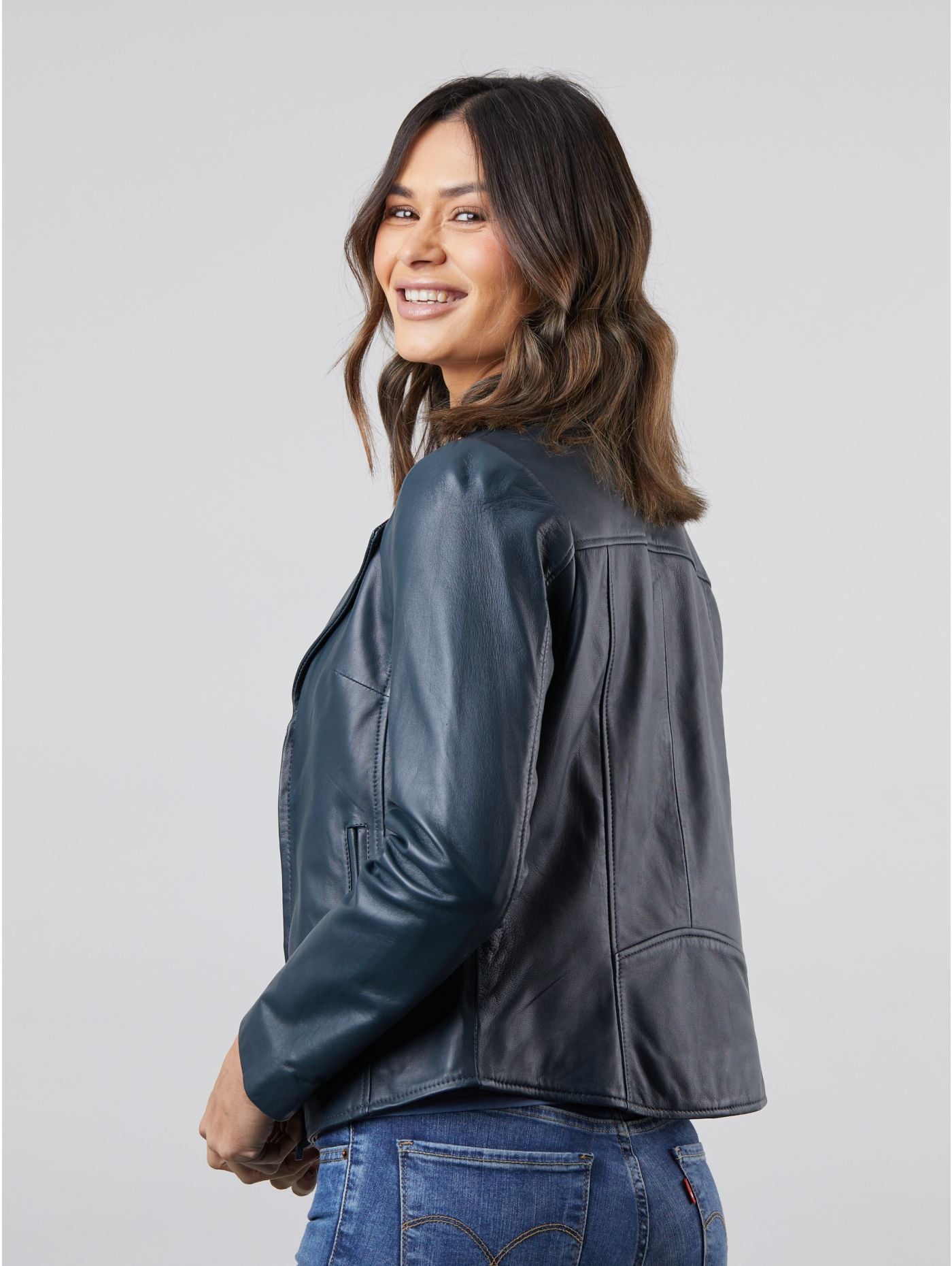 Collette Open Collar Leather Biker Jacket in Navy | Lakeland Leather