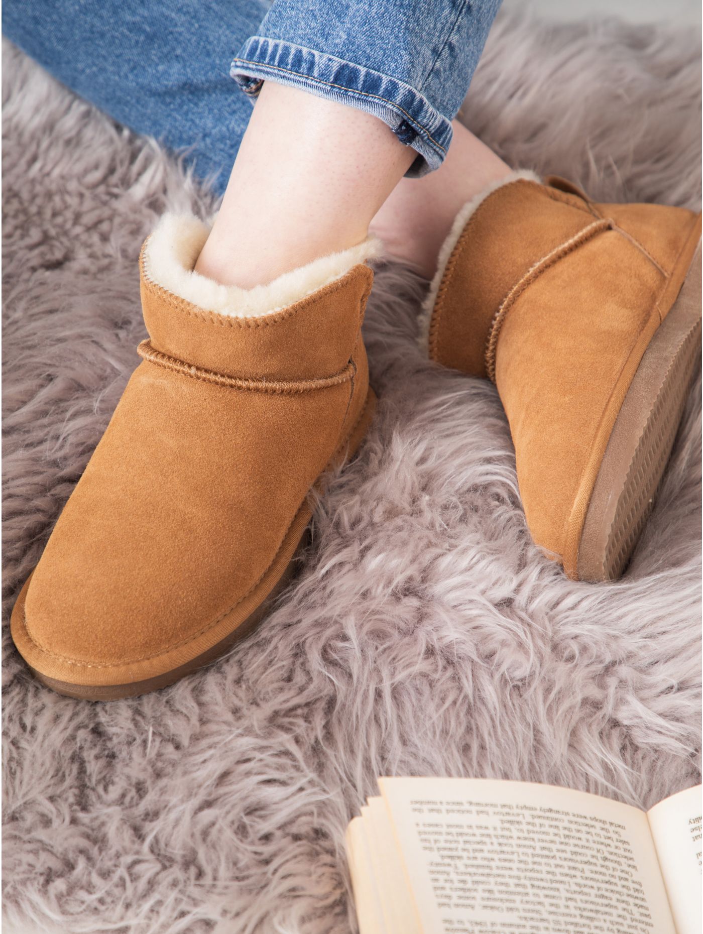 Ladies' Sheepskin Mini Boot Slippers in Tan | Lakeland Leather