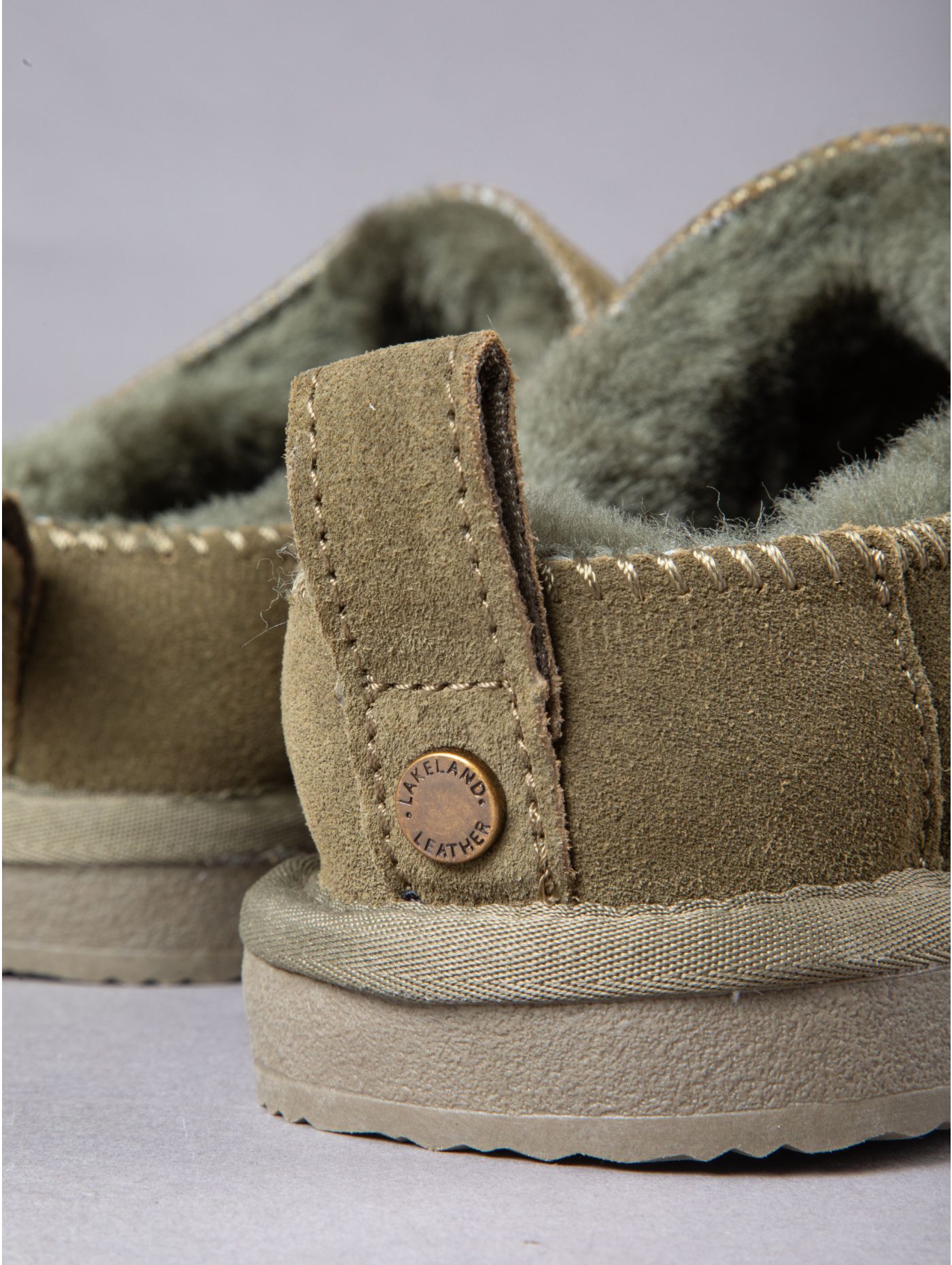 Ladies' Sheepskin Clog Slippers in Olive Green | Lakeland Leather